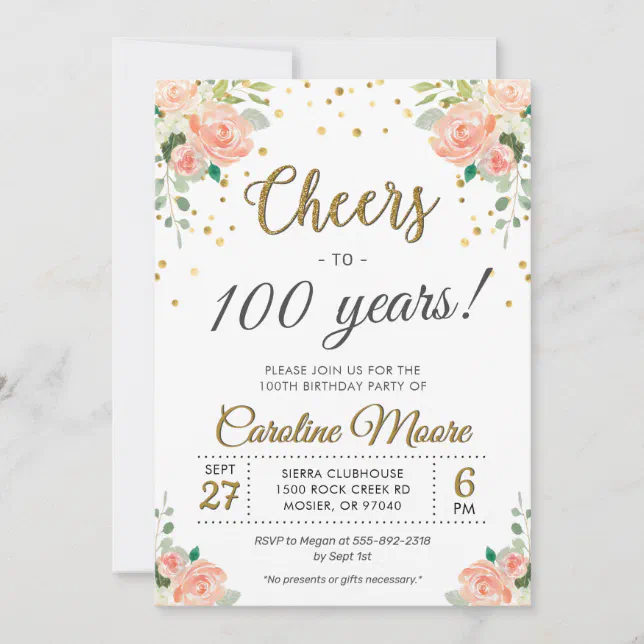 100th Ladies Birthday Party Hundredth Floral Gold Invitation | Zazzle