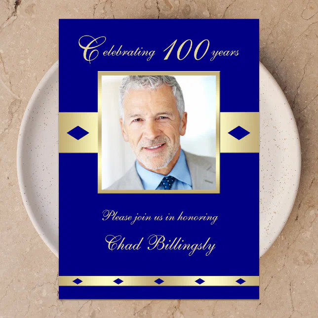 100th Photo Birthday Party Invitation Navy | Zazzle