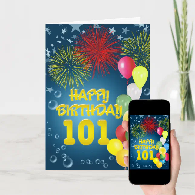 101st Birthday card with fireworks and balloons | Zazzle