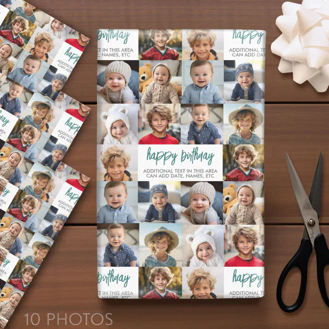 10 Photo Border Birthday Text Center - Teal Gray Wrapping Paper Sheets ...