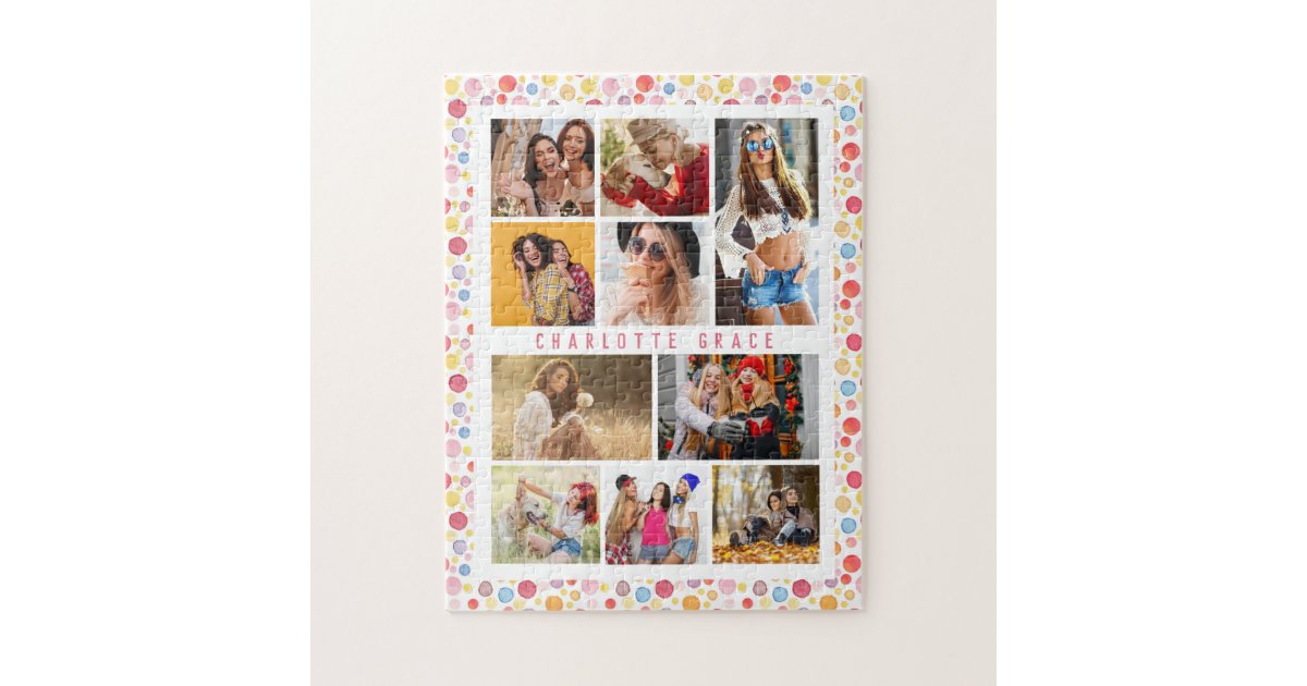 10 Photo Modern Stylish Watercolor Polka Dots Name Jigsaw Puzzle | Zazzle