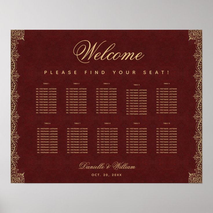 10 Table Burgundy Gold Vintage Red Seating Chart | Zazzle