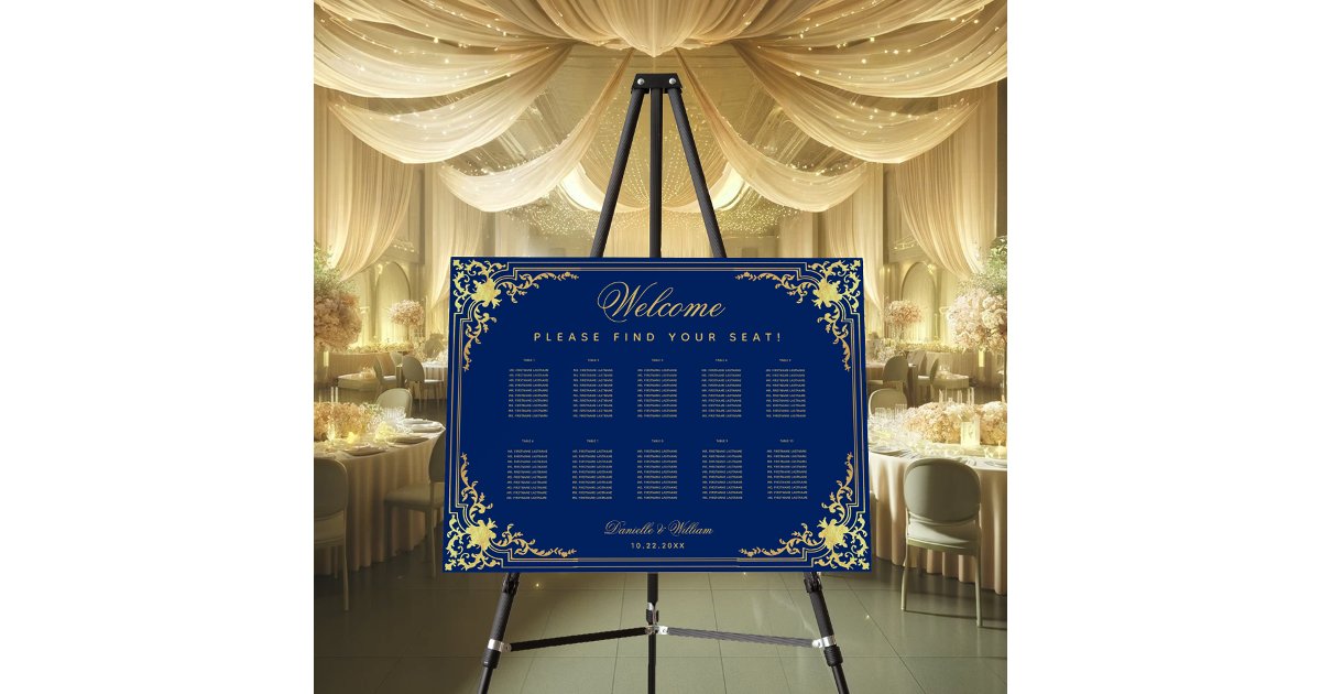 10 Table Royal Blue Faux Gold Ornate Seating Chart Foam Board | Zazzle