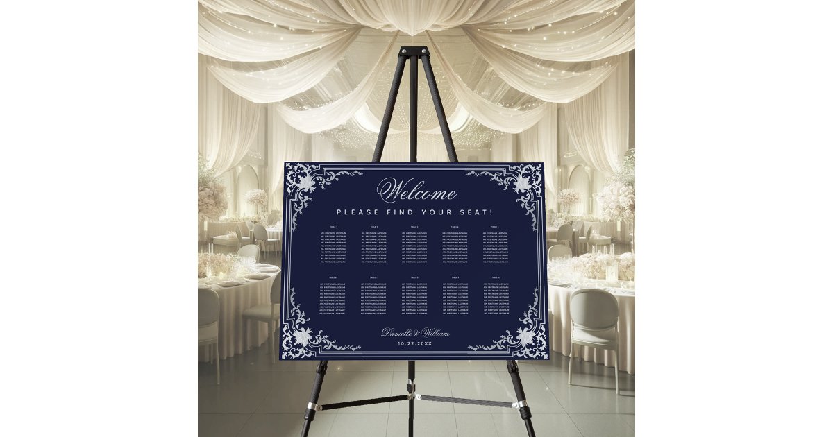 10 Tables Navy Blue Vintage Wedding Seating Chart Foam Board | Zazzle