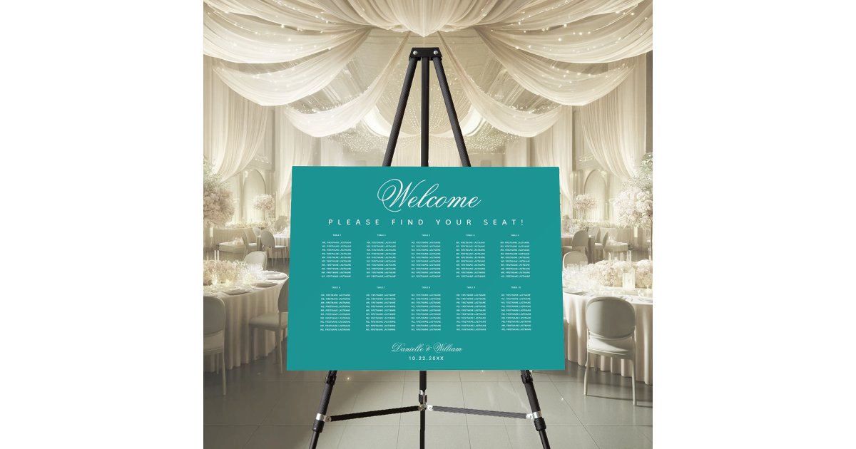 10 Tables Teal Wedding Simple Seating Chart Foam Board | Zazzle