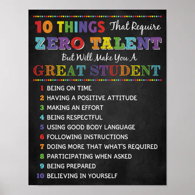 10 Things To Be A great Student Classroom Poster | Zazzle