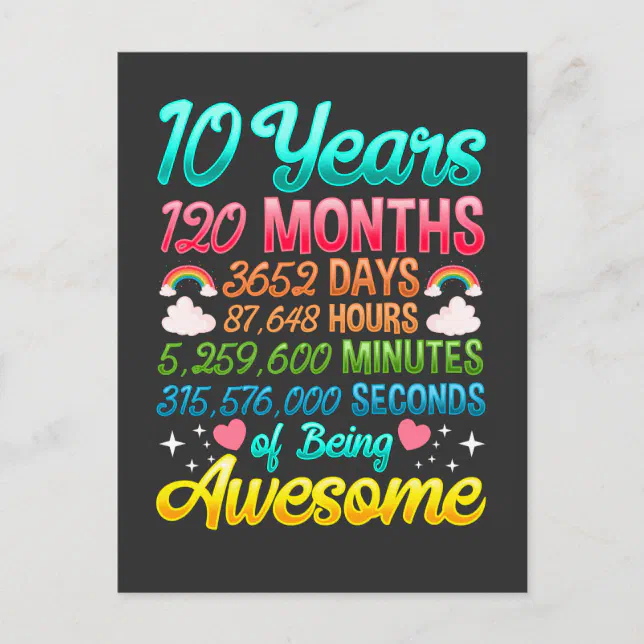 10 Year old 120 Months 10th Birthday Party Rainbow Postcard | Zazzle