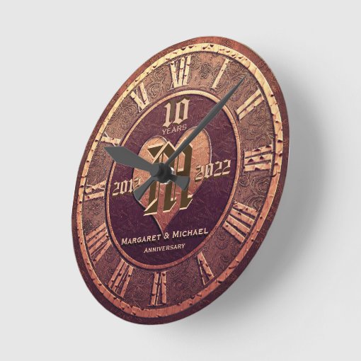 10 Year Vintage Copper Look Wedding Anniversary Round Clock | Zazzle