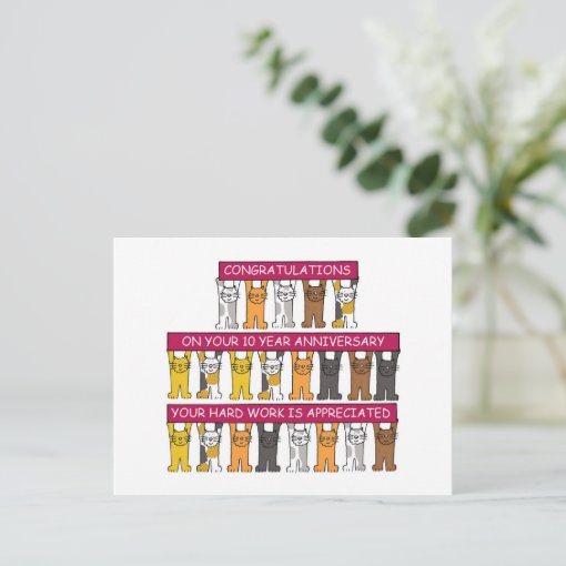 10 Year Work Anniversary Cartoon Cats Postcard | Zazzle