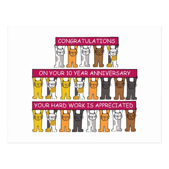 10 Year Work Anniversary Cartoon Cats. Postcard | Zazzle.com