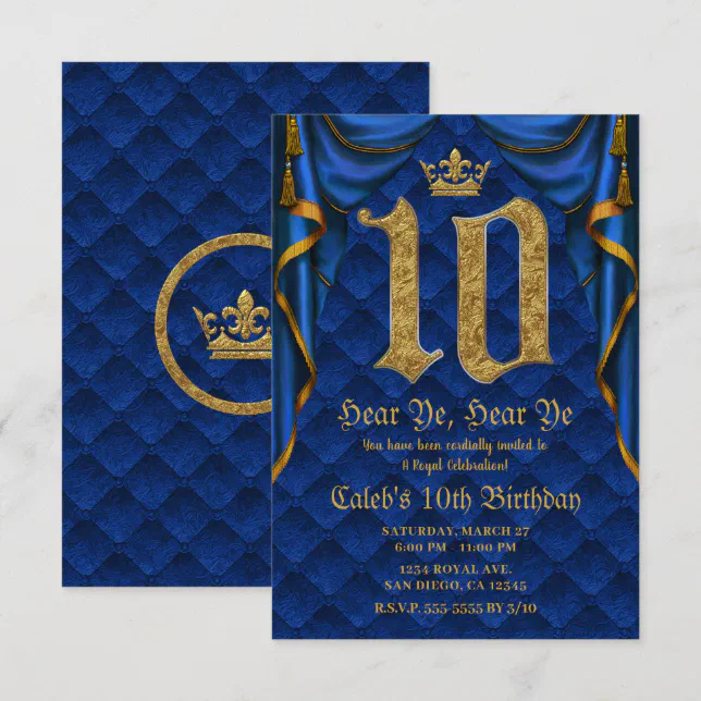 10TH 10 Birthday Party Royal Blue Gold Crown Invitation | Zazzle