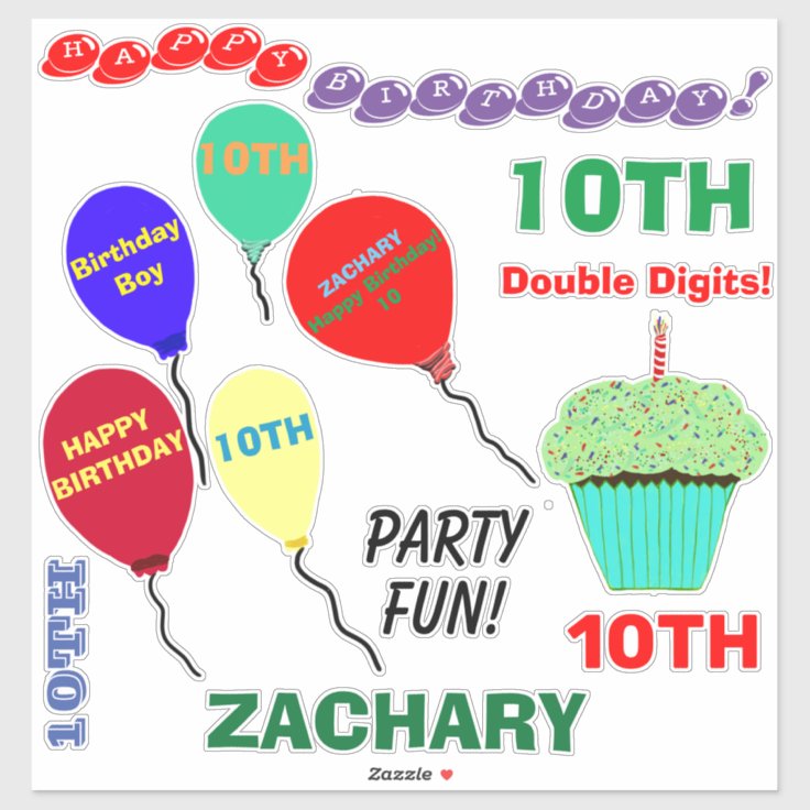 10th Birthday Boy Cupcake Balloons Vinyl Sticker | Zazzle