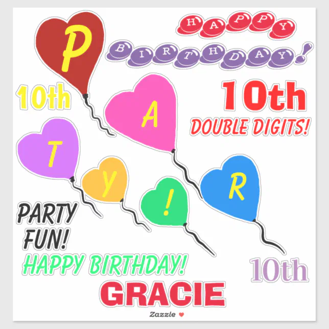 10th Birthday Heart Balloons Personalized Vinyl Sticker | Zazzle