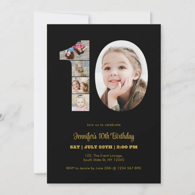 10th Birthday Number 10 Photo Collage Modern Black Invitation | Zazzle
