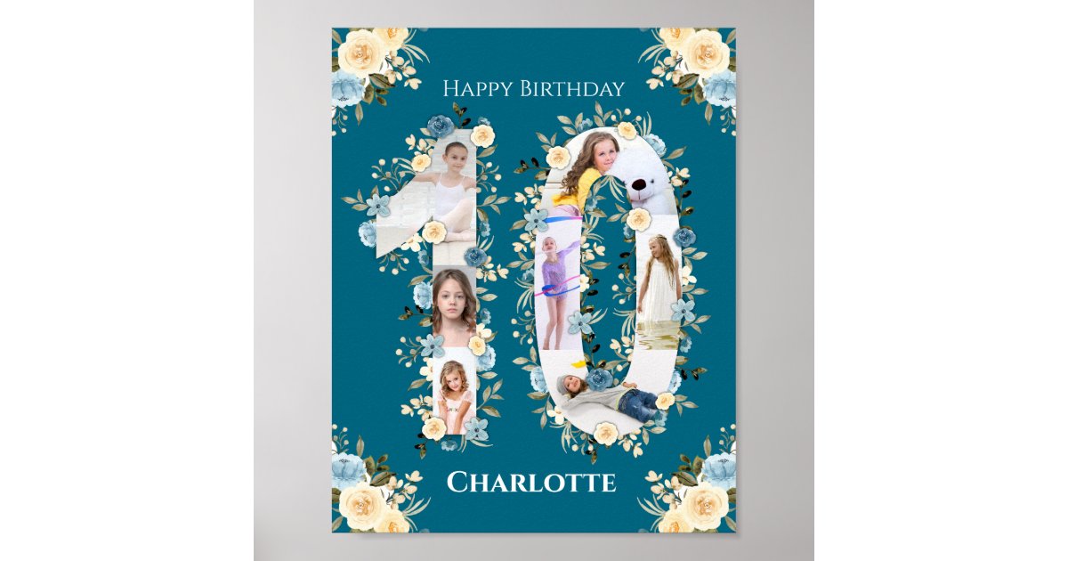 10th Birthday Photo Collage Yellow Flower Teal Poster | Zazzle