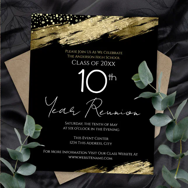 10th Class Reunion Black and Gold Invitation | Zazzle
