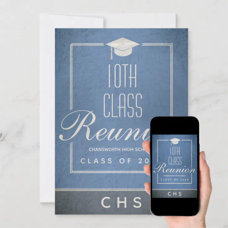10th Class Reunion Elegant Script Blue Black Invitation | Zazzle