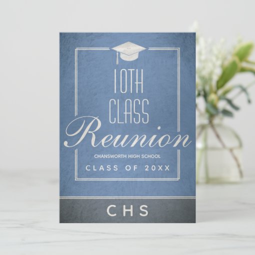 10th Class Reunion Elegant Script Blue Black Invitation | Zazzle