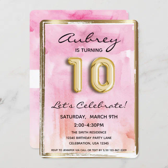 10th Girl Birthday Pink and Gold Invitation | Zazzle