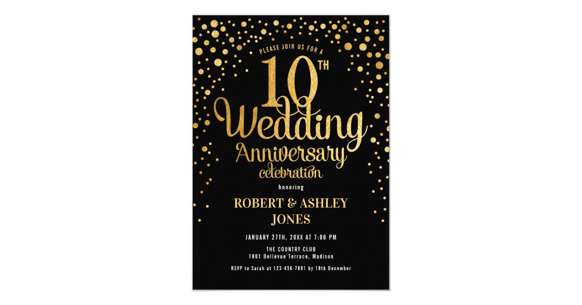 10th Wedding Anniversary - Black & Gold Invitation | Zazzle.com