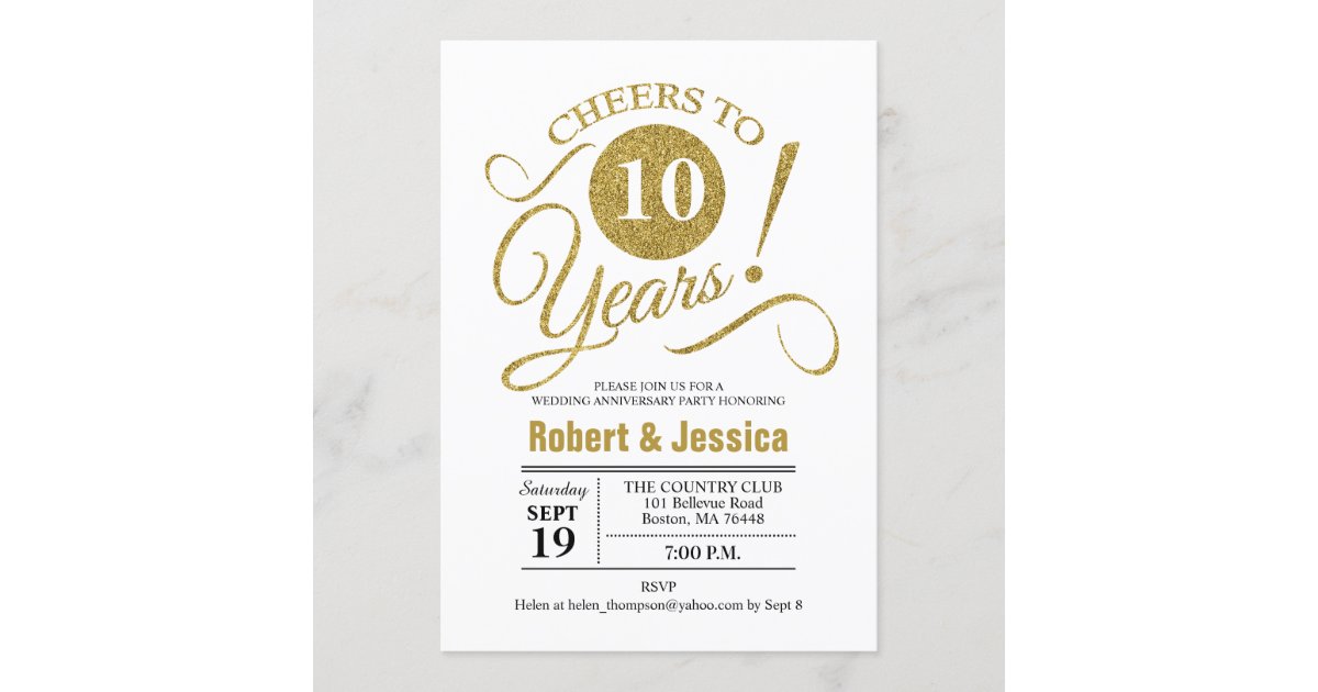 10th Wedding Anniversary Party - Gold White Invitation | Zazzle