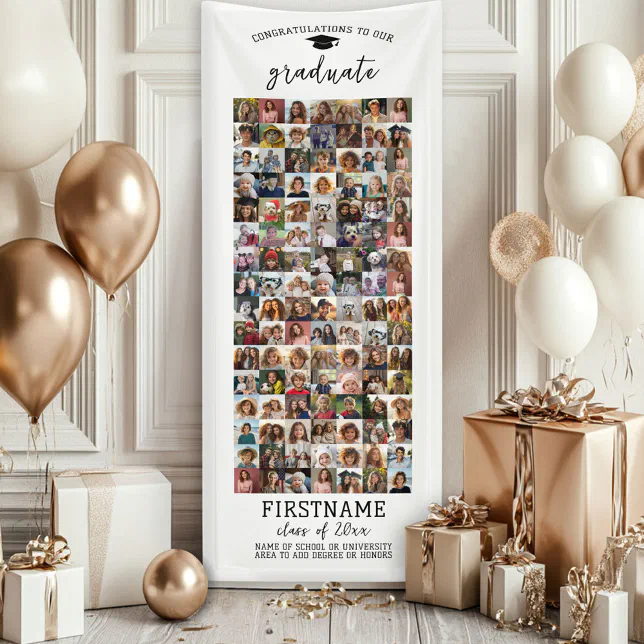 112 Photo Collage Graduation Modern Minimal White Banner | Zazzle