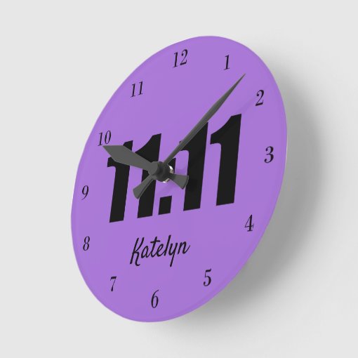 11:11 Lucky Time Purple Numbers Personalized Round Clock | Zazzle
