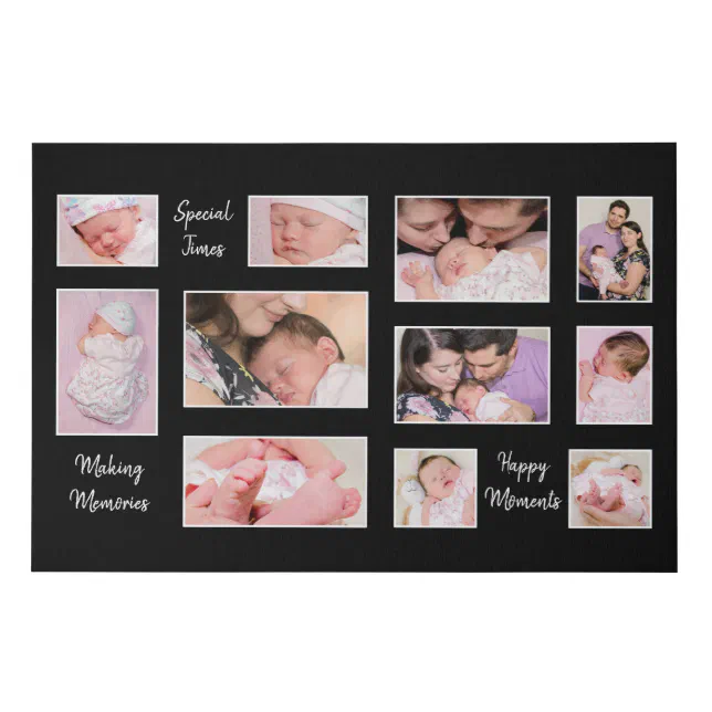 11 Photo Collage Happy Moments White Text Black Faux Canvas Print | Zazzle