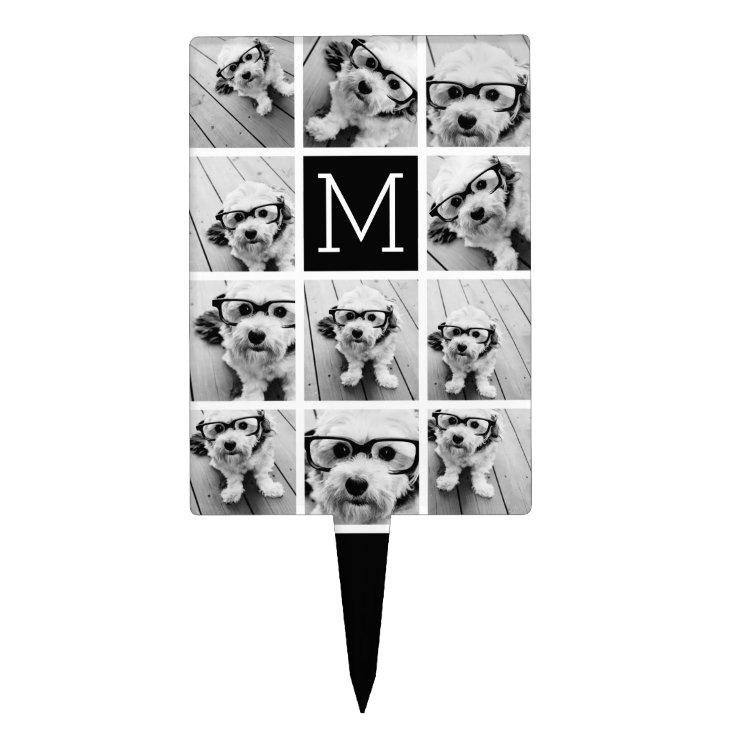 11 Photo Instagram Collage Custom Black Monogram Cake Topper | Zazzle