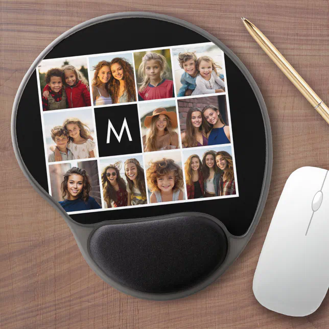11 Photo Instagram Collage Custom Black Monogram Gel Mouse Pad | Zazzle