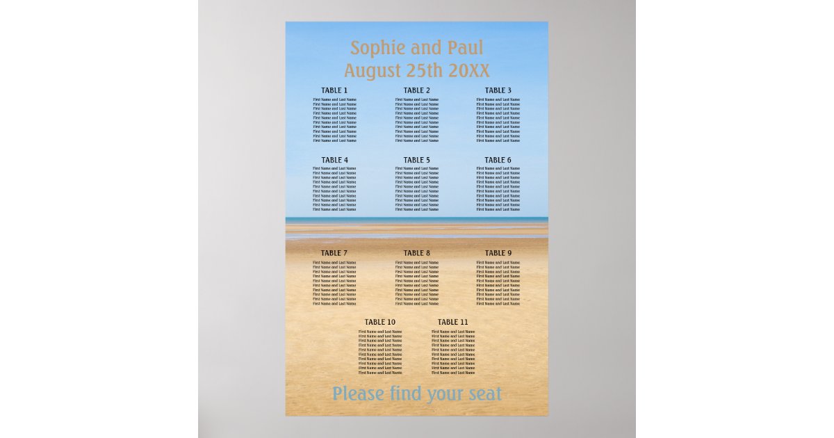 11 Table Beach Wedding Seating Chart | Zazzle