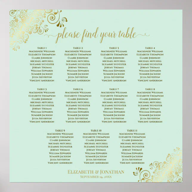 11 Table Wedding Seating Chart Mint Green & Gold | Zazzle