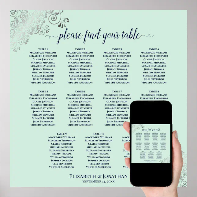 11 Table Wedding Seating Chart Mint Green & Navy | Zazzle