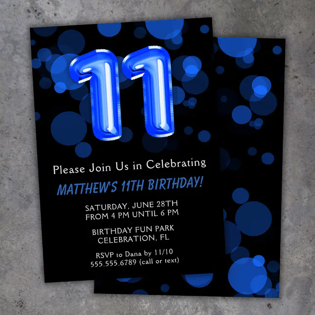 11th Birthday Balloons Kids Blue Boy Party Invitation | Zazzle