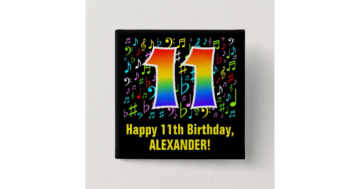 11th Birthday: Colorful Music Symbols, Rainbow 11 Button | Zazzle