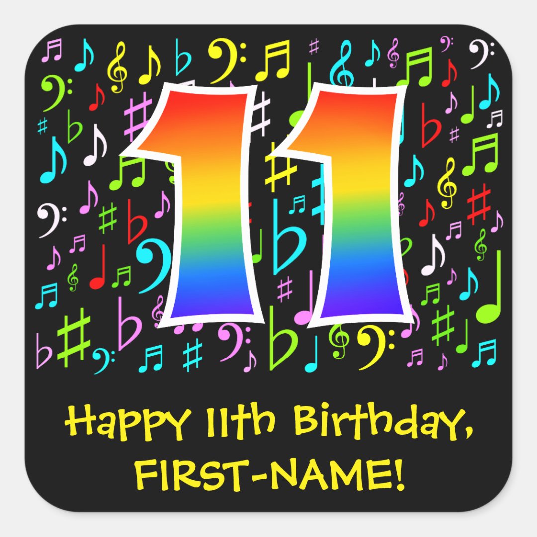 11th Birthday: Colorful Music Symbols, Rainbow 11 Square Sticker | Zazzle