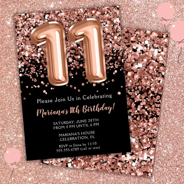 11th Birthday Invitation Black Rose Gold Glitter | Zazzle