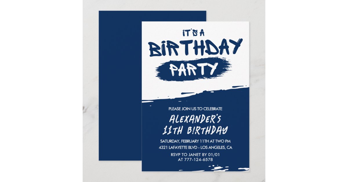 11th birthday invitations boy Graffiti Navy Blue | Zazzle