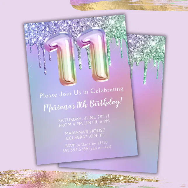 11th Birthday Party Invitation Purple Pink Glitter | Zazzle