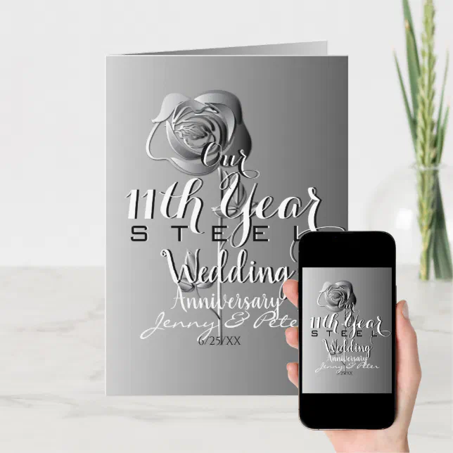 11th Wedding Anniversary Steel Rose Card | Zazzle