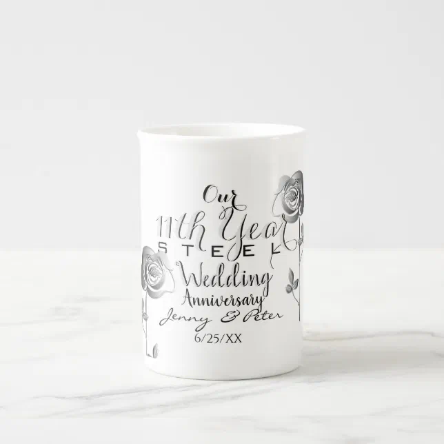 11th Wedding Anniversary Steel Roses Bone China Mug | Zazzle