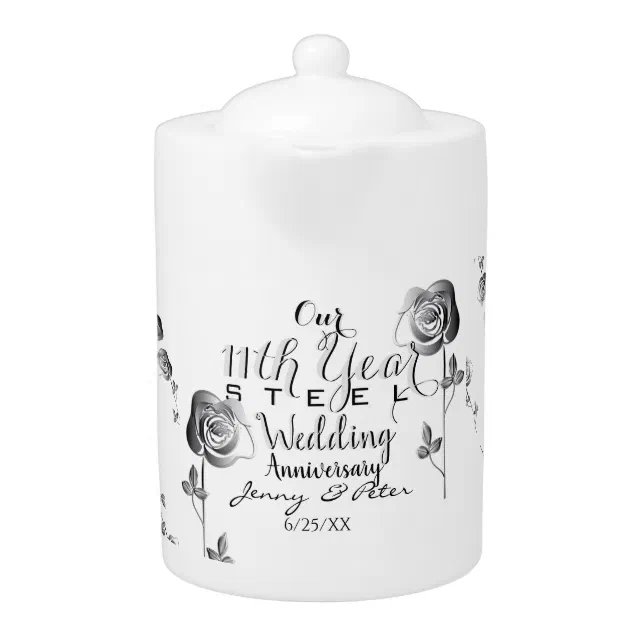 11th Wedding Anniversary Steel Roses Teapot | Zazzle