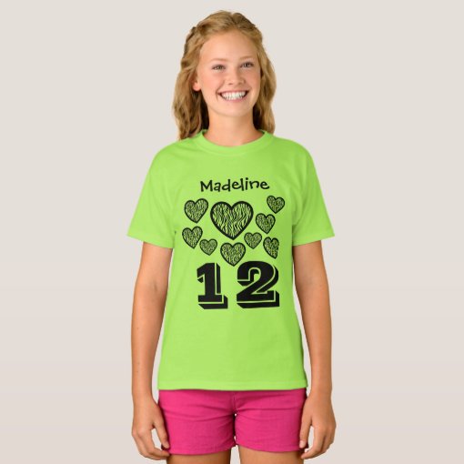 12 Birthday Girl Hearts Big Number Custom Name Q05 T-Shirt | Zazzle