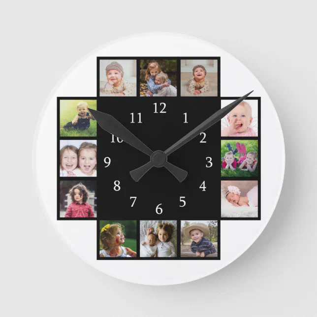12 Family Photo Collage Create Your Own Black Round Clock | Zazzle
