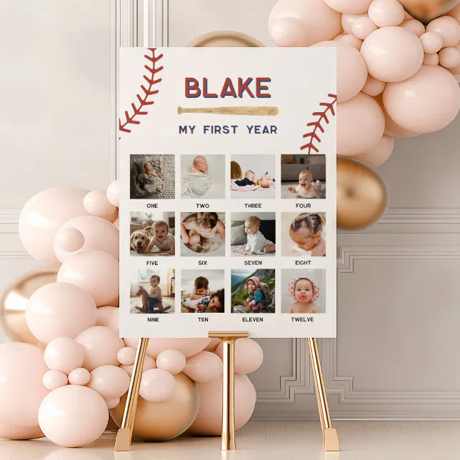 12 Month Photos Baseball 1st Birthday Sign | Zazzle