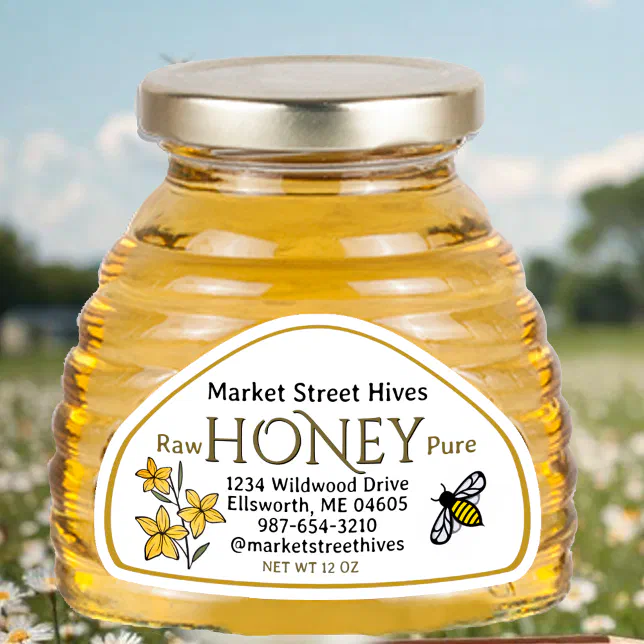 12 oz Skep shape Honey label Flower and Bee Yellow | Zazzle