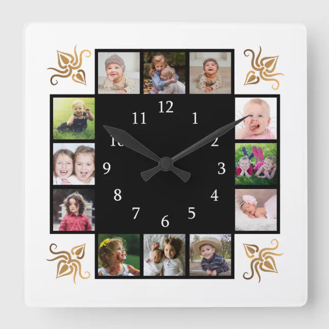 12 Photo Collage Create Your Own Black Square Wall Clock | Zazzle