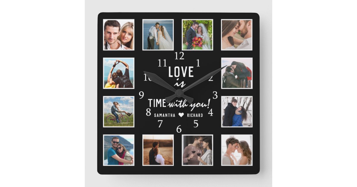 12 Photo Collage Love Quote Wedding Anniversary Square Wall Clock | Zazzle