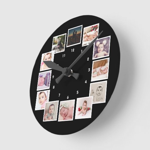 12 Photo Collage Personalized Round Clock | Zazzle