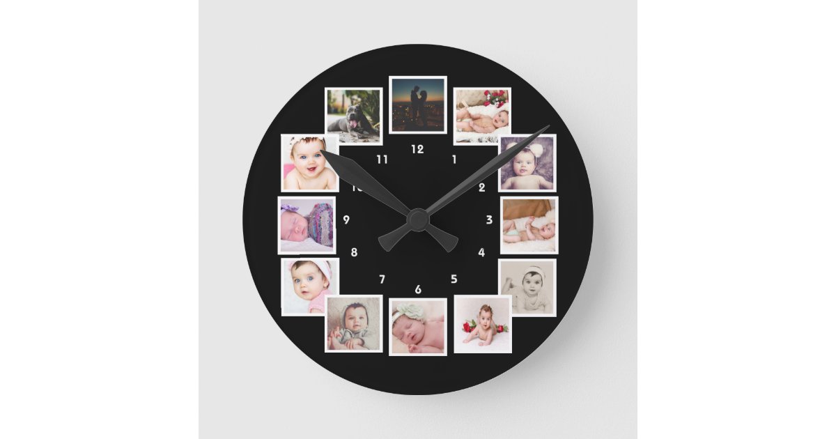 12 Photo Collage Personalized Round Clock | Zazzle